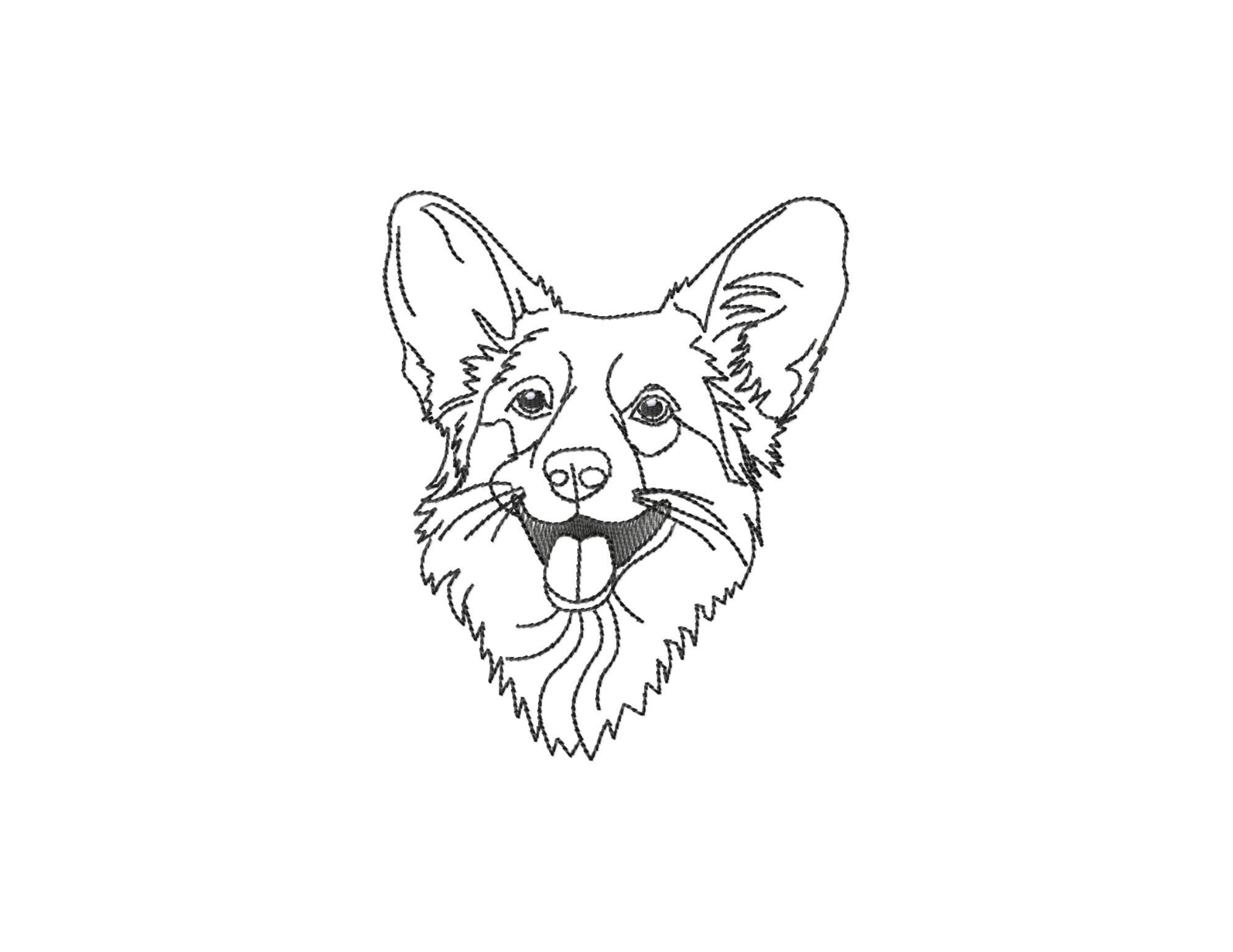 Corgi Dog Face Machine Embroidery Design, Outline Back Stitch Style ...