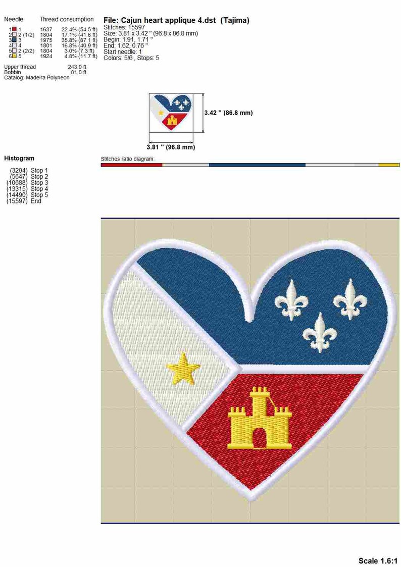 Cajun Heart Fill Embroidery Design for Machine, Cajun Flag Embroidery ...