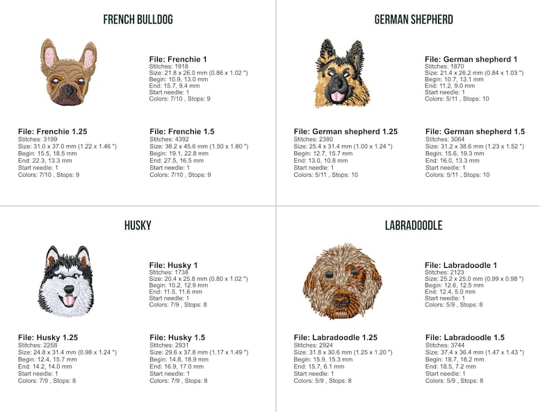 16 Mini Dog Face Machine Embroidery Designs Bundle, 1', 1.25' and 1.5 ...