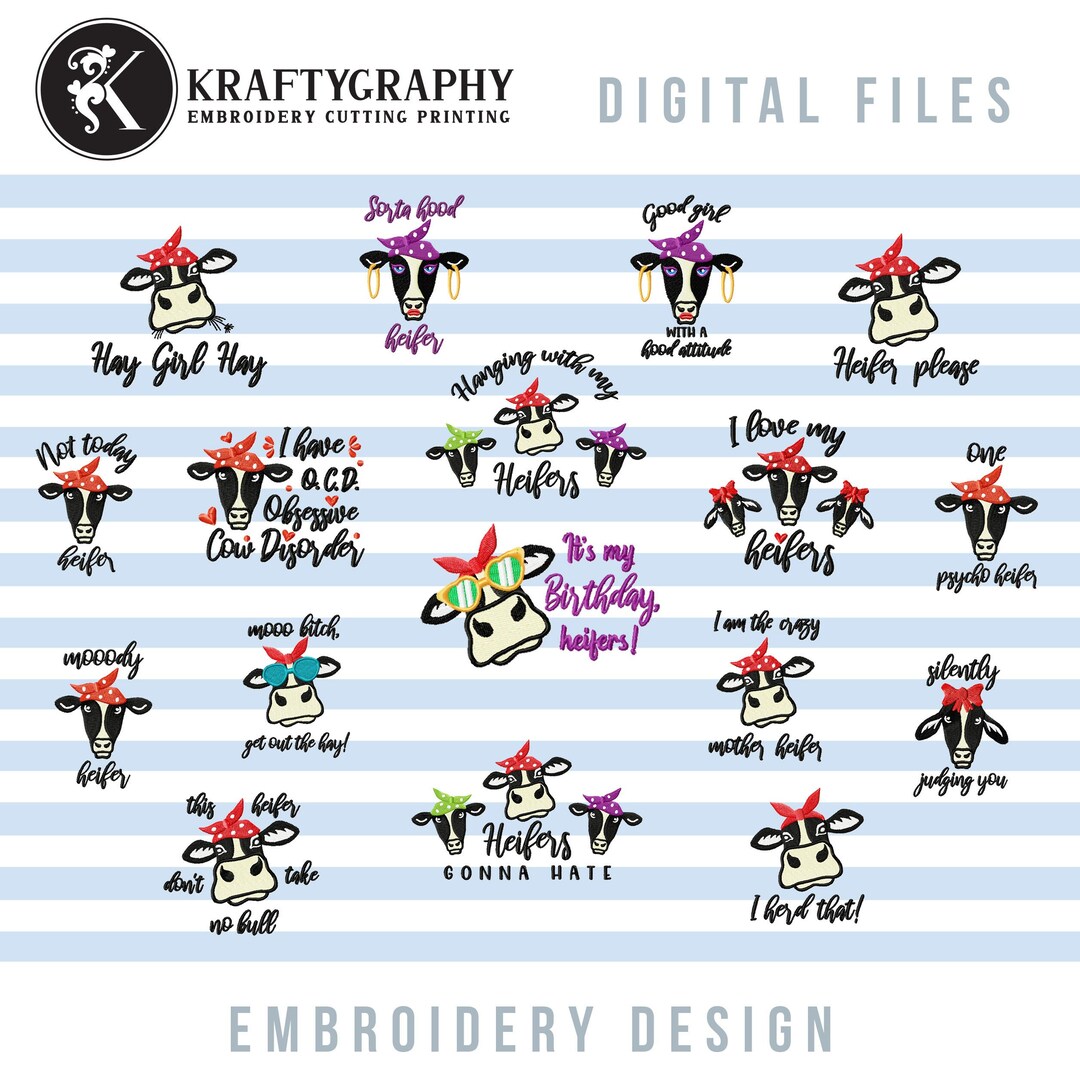 Funny Cow Embroidery Designs: Heifer With Bandana Bundle (machine Files ...