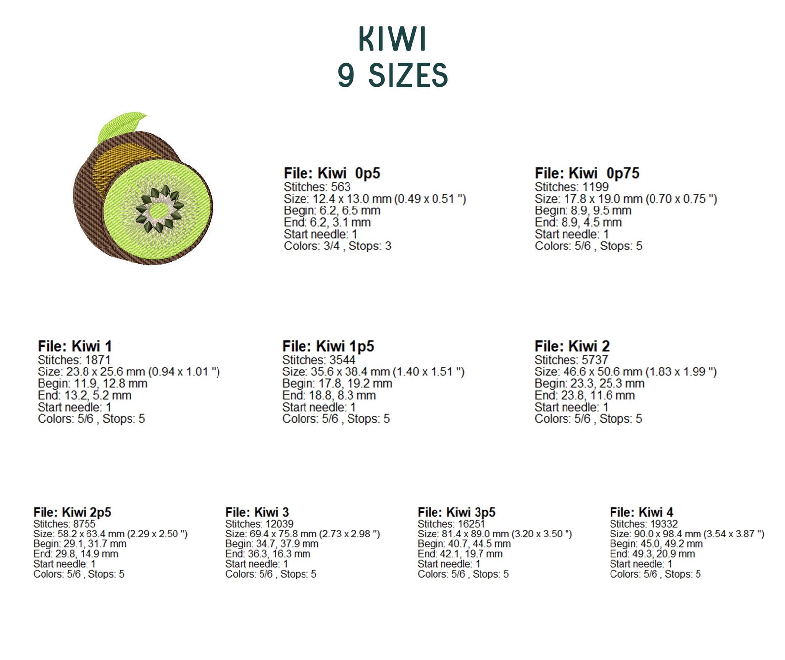 Kiwi Machine Embroidery Design: Tropical Fruit Pattern (9 Sizes ...