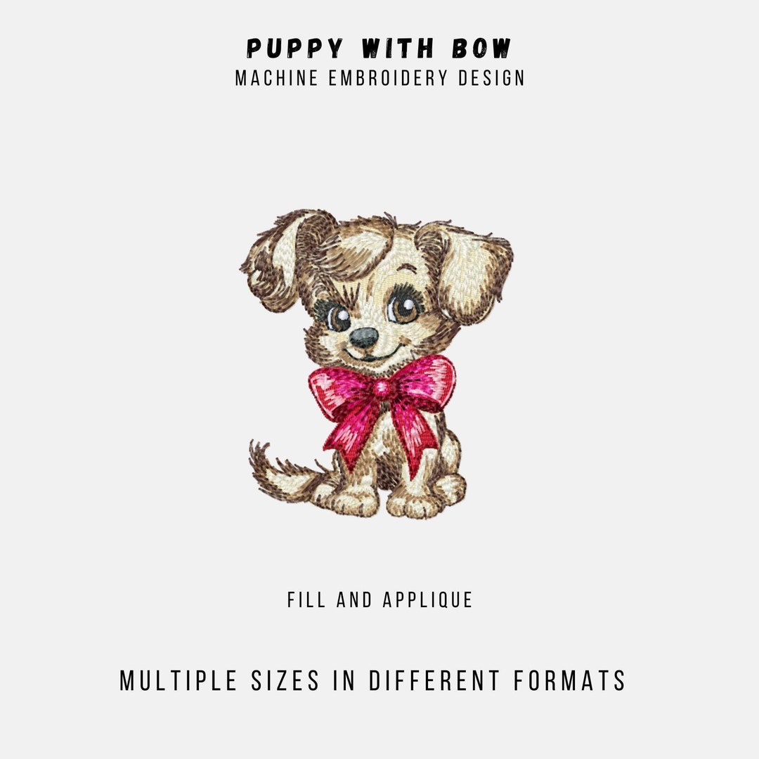 Cute Little Puppy With Bow Machine Embroidery Design, Retro Baby Dog ...