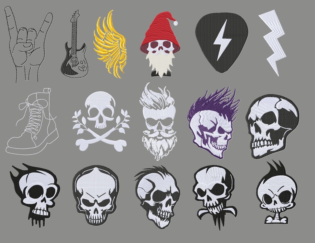 Skull Machine Embroidery Design Bundle, Punk Rock Embroidery Patterns ...