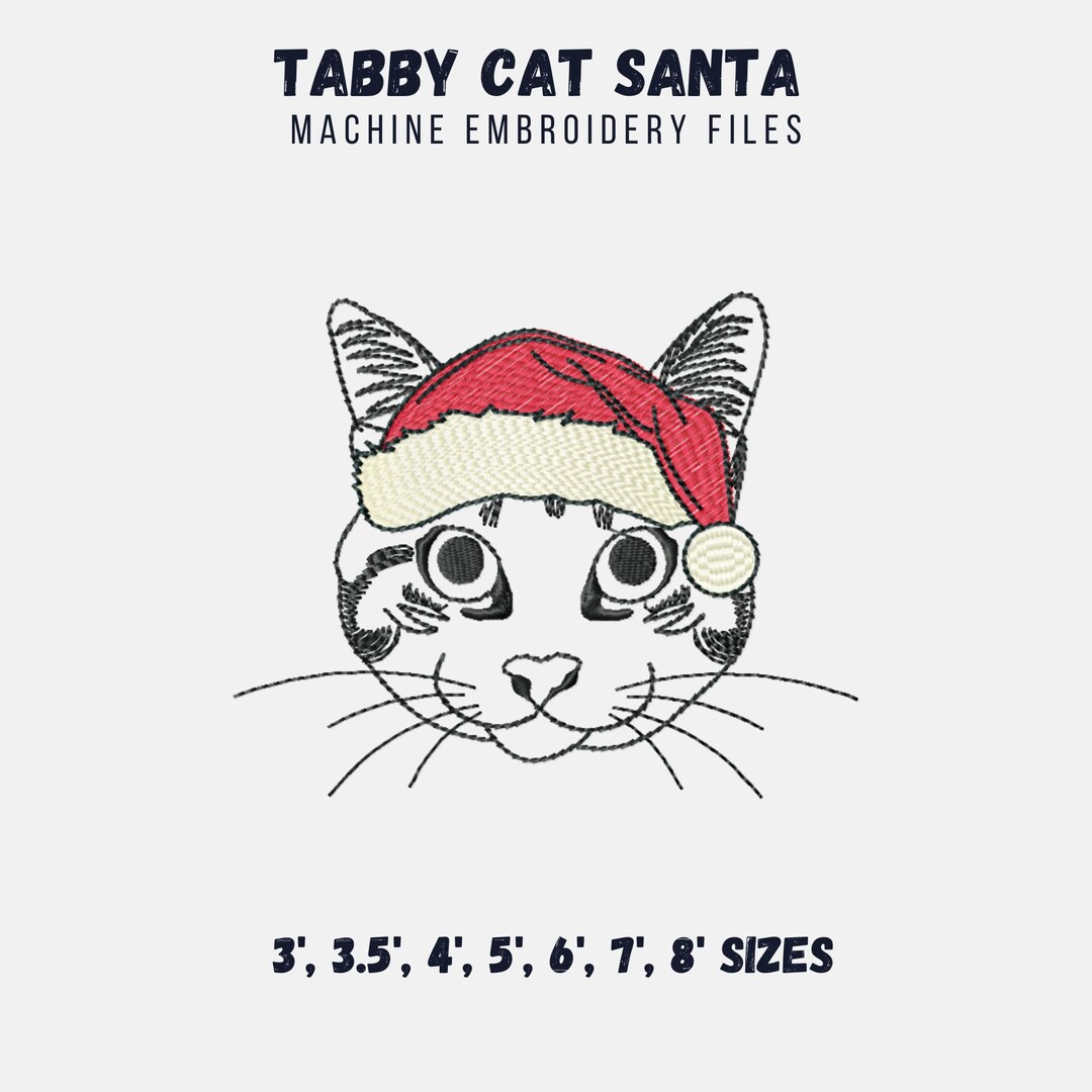 Tabby Cat Face With Santa Hat Machine Embroidery Design, SKETCH Style ...