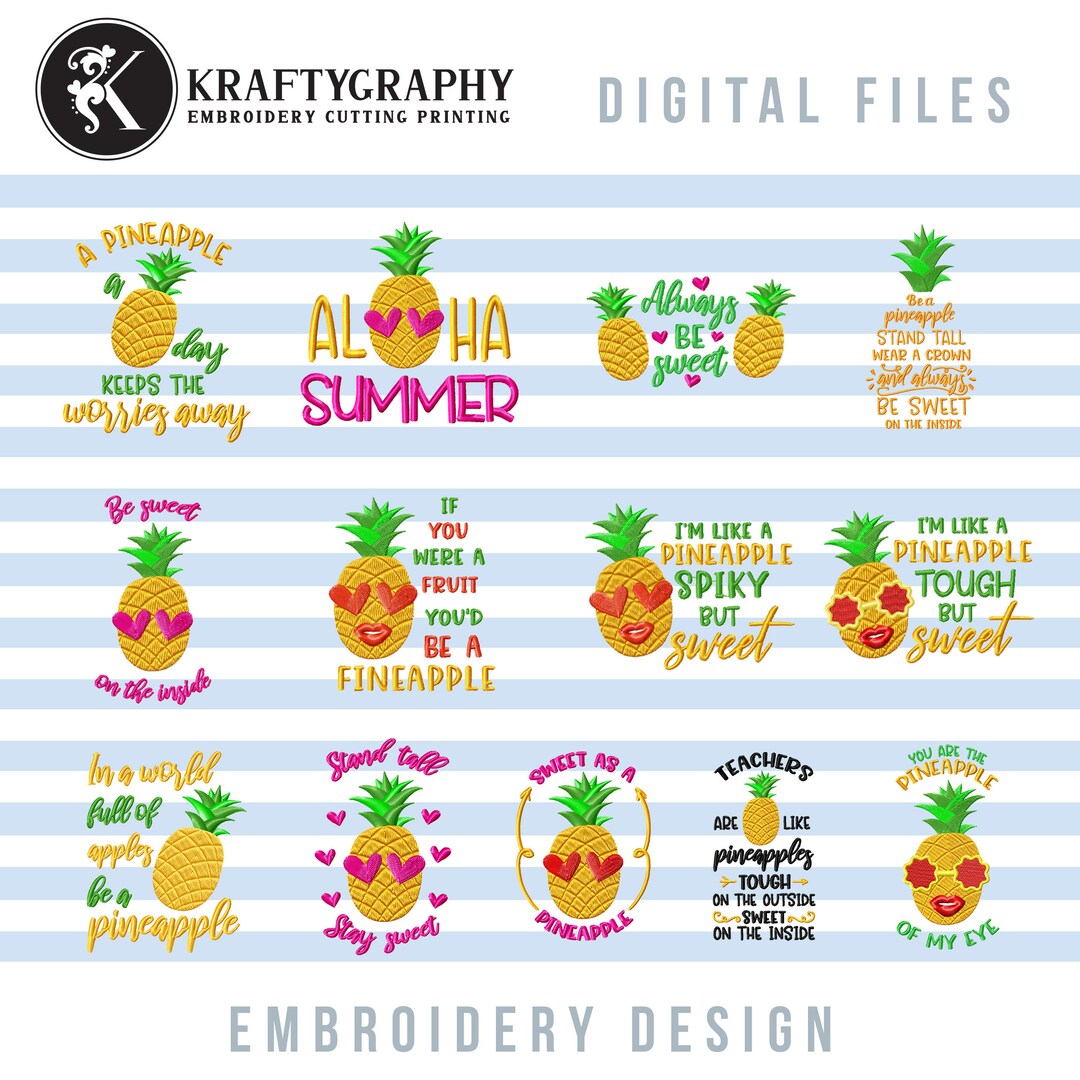 Pineapple Embroidery Designs Bundle, Summer Machine Embroidery Patterns ...
