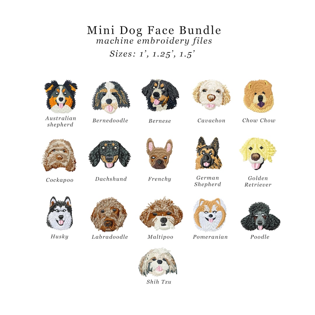 16 Mini Dog Face Machine Embroidery Designs Bundle, 1', 1.25' and 1.5 ...