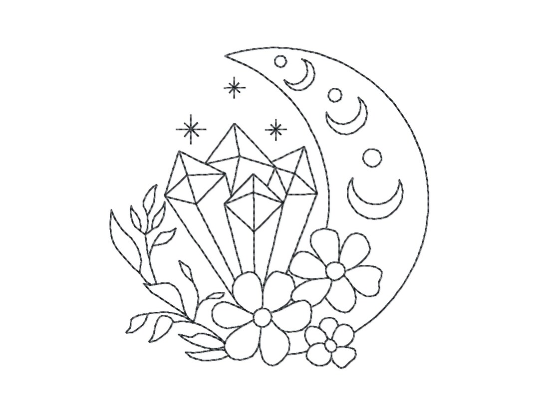 Celestial Chrystals Machine Embroidery Designs, Moon With Flowers and ...