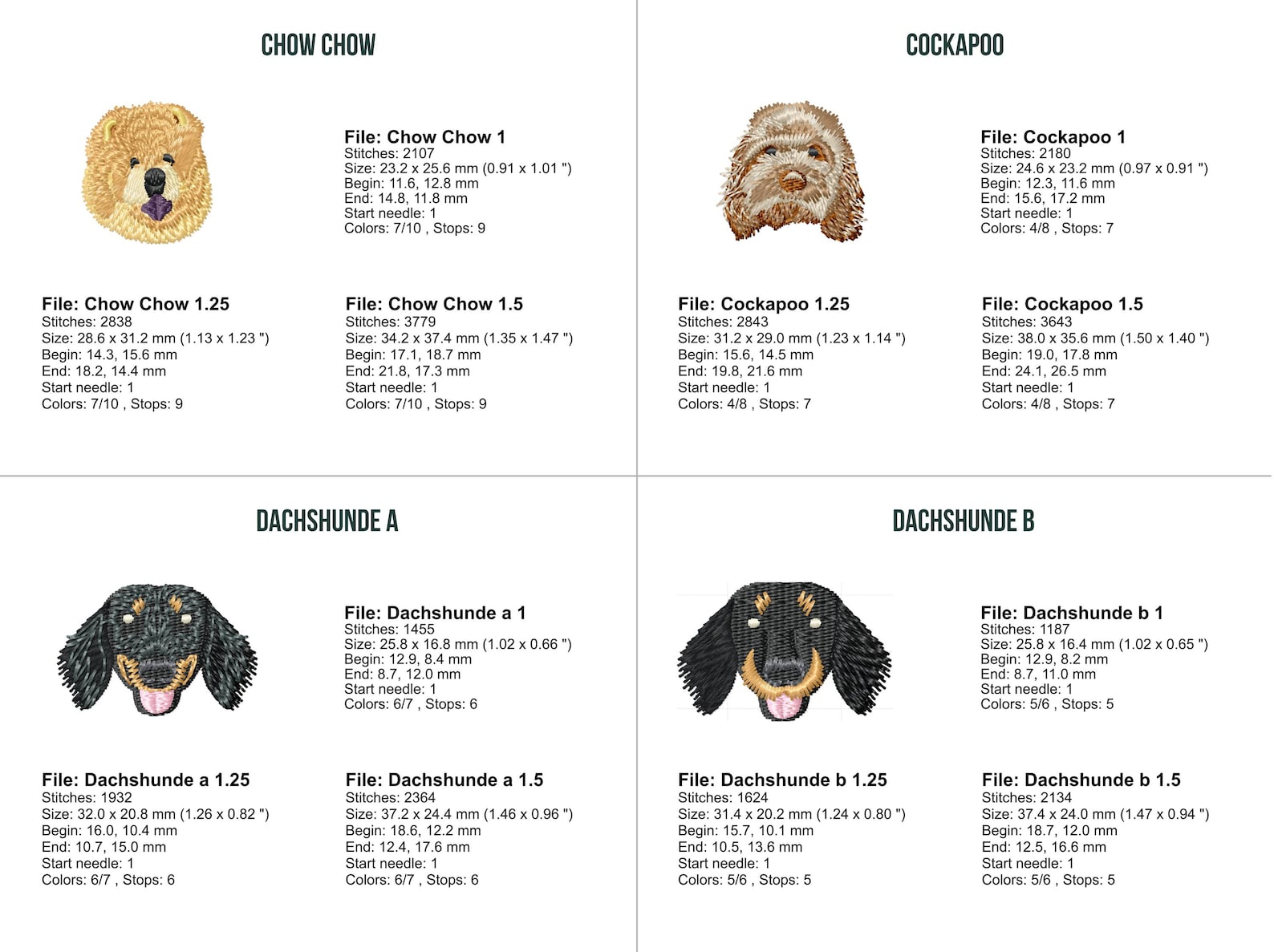 16 Mini Dog Face Machine Embroidery Designs Bundle, 1', 1.25' and 1.5 ...