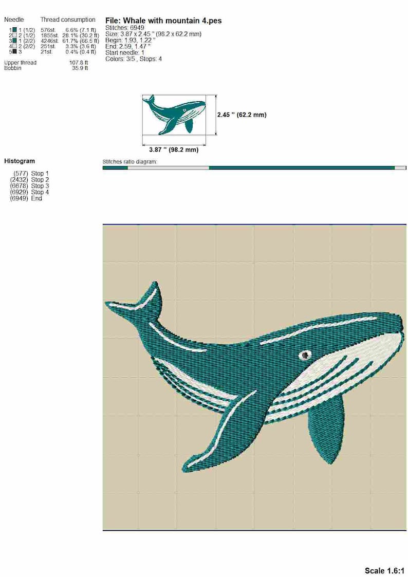 Blue Whale Machine Embroidery Designs, Fill Stitch and Applique: 1in ...