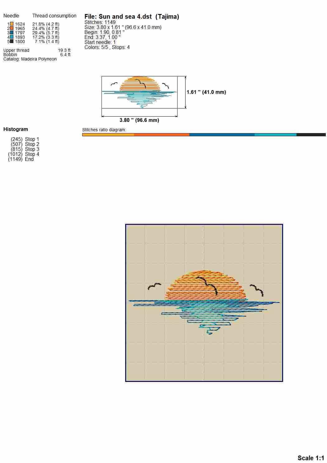 Sunset Machine Embroidery Design With Ocean, Light Density: 4in -12in ...