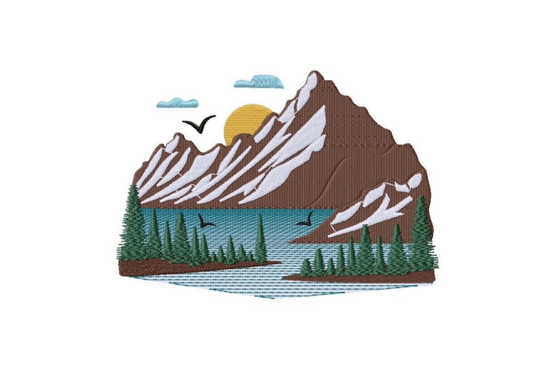 Mountain Lake Scene Embroidery Design: Hiking Camping Pattern (PES JEF ...