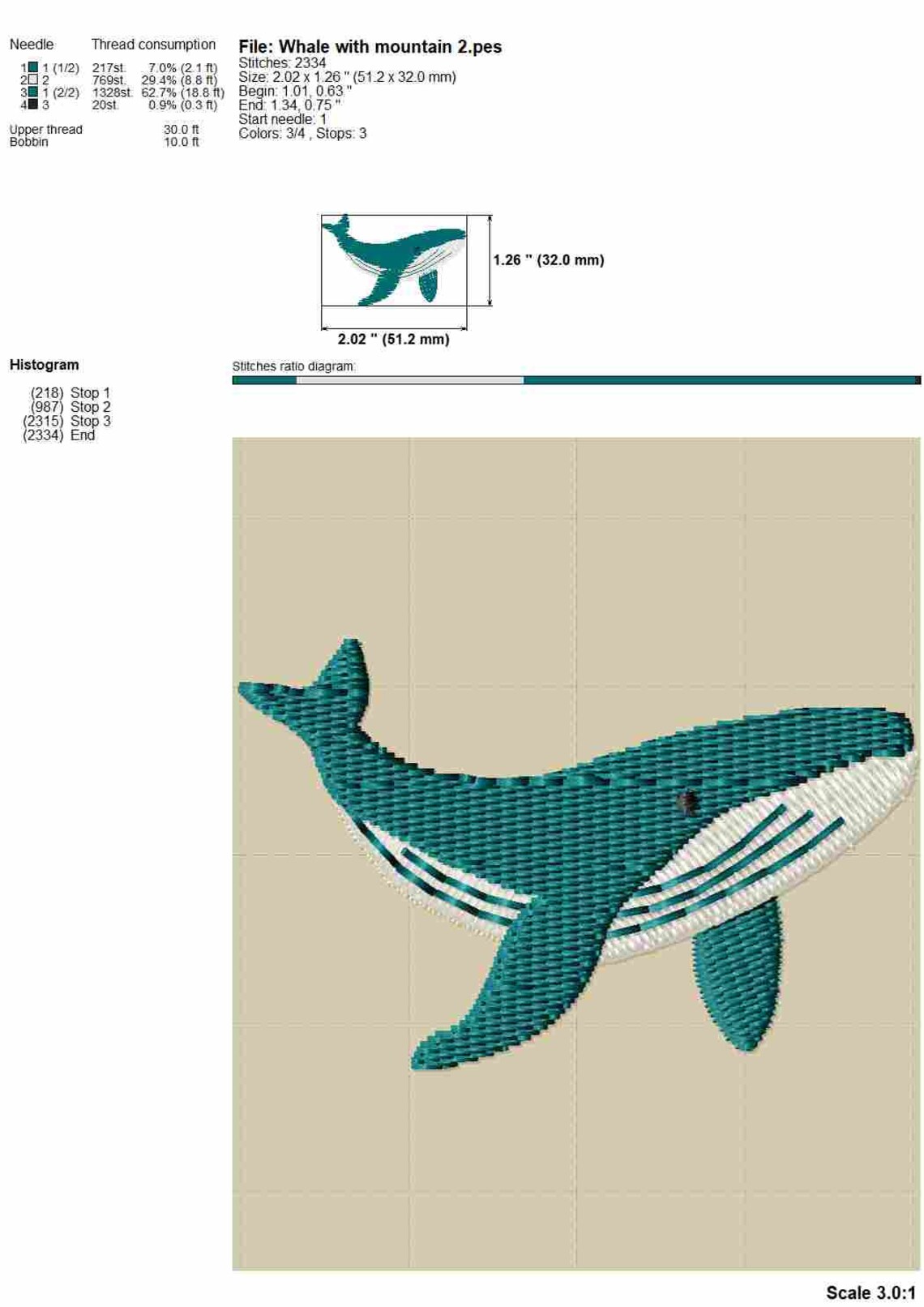Blue Whale Machine Embroidery Designs, Fill Stitch and Applique: 1in ...