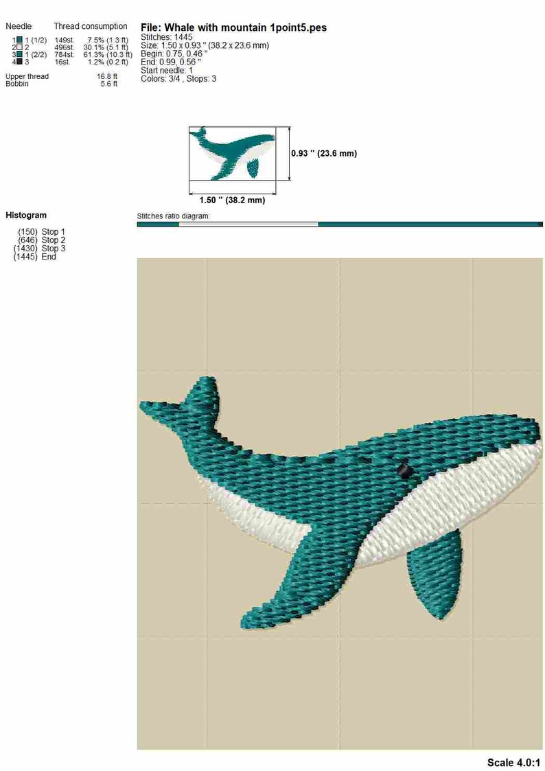 Blue Whale Machine Embroidery Designs, Fill Stitch and Applique: 1in ...
