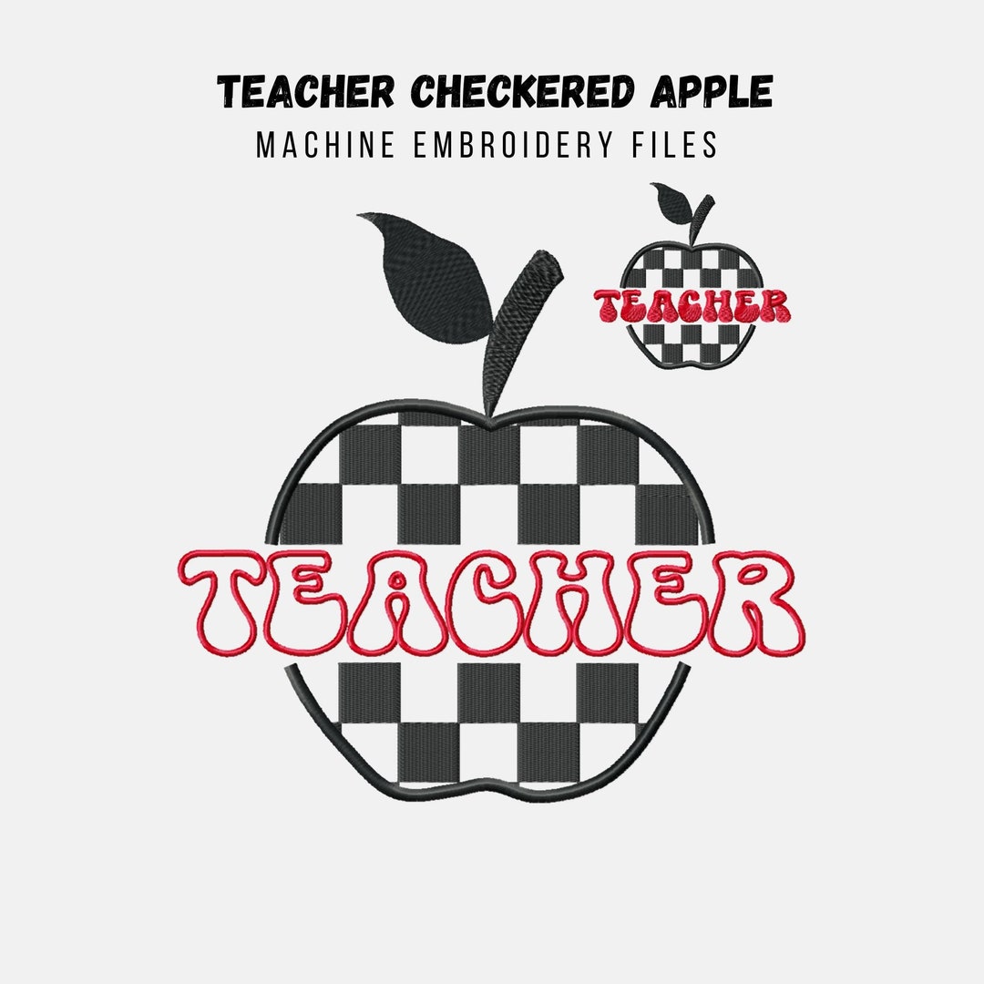 Split Checkered Apple Embroidery Design for Teacher: Retro Applique and ...