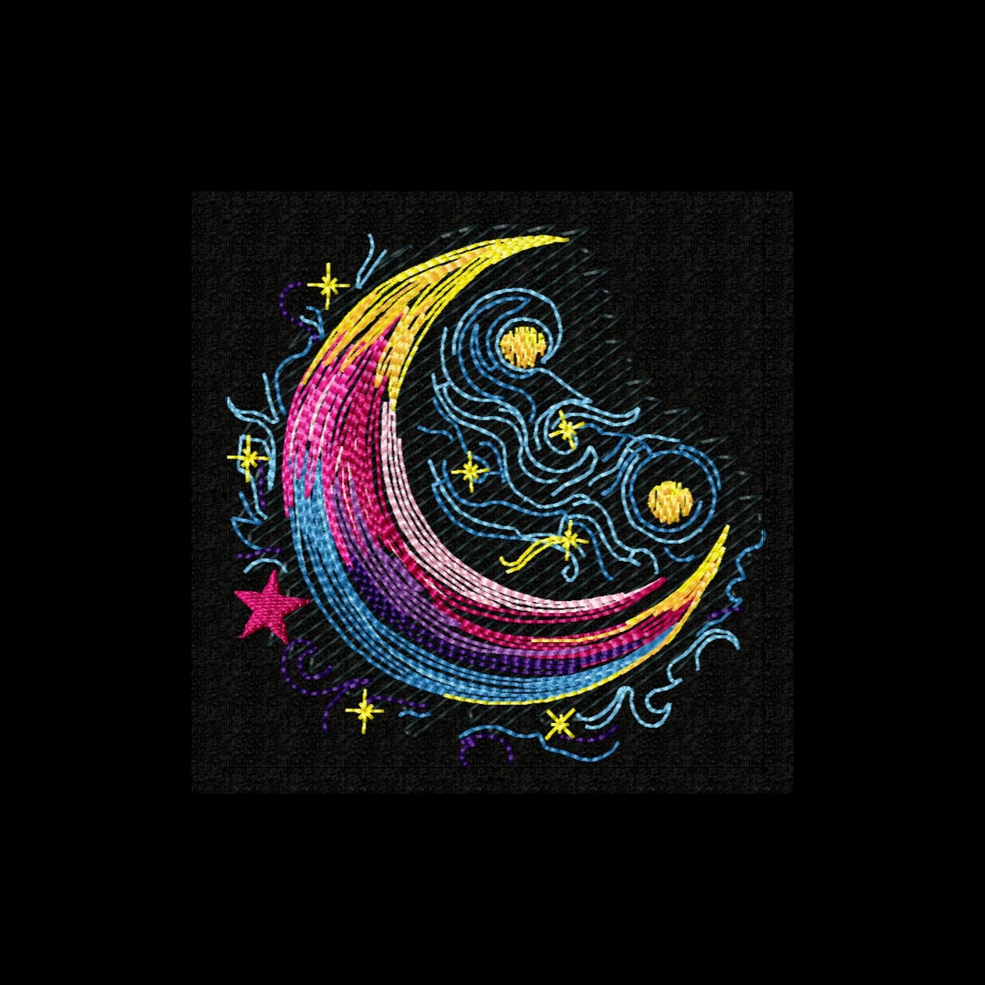 Moon and Stars Machine Embroidery Pattern for Dark Fabrics, Colorful ...
