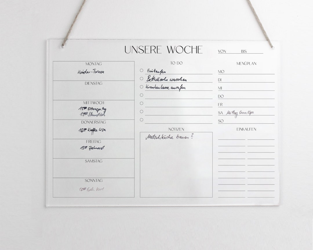 Wochenplaner A3 Acryl | Wandplaner für die Woche abwischbar ...