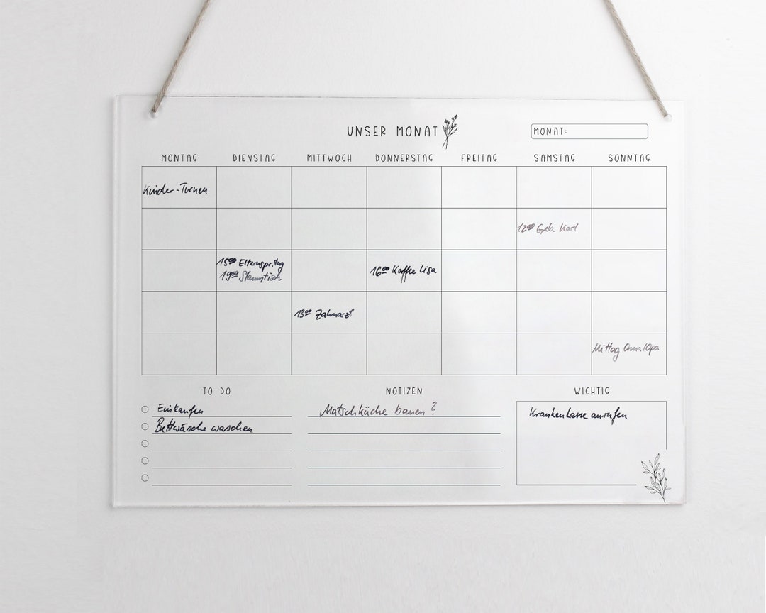 Monatsplaner Unser Monat A3 Acryl Monatskalender Wandplaner für den ...