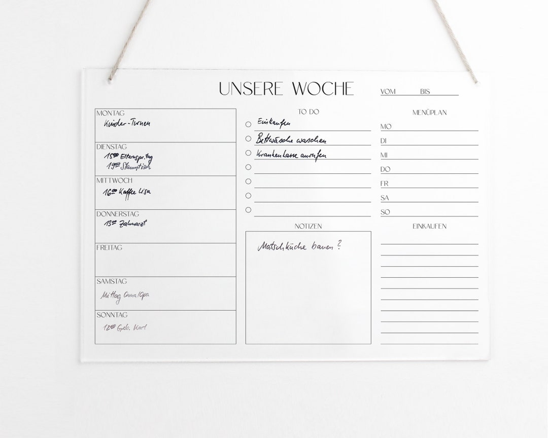 Wochenplaner A4 Acryl | Wandplaner für die Woche abwischbar ...