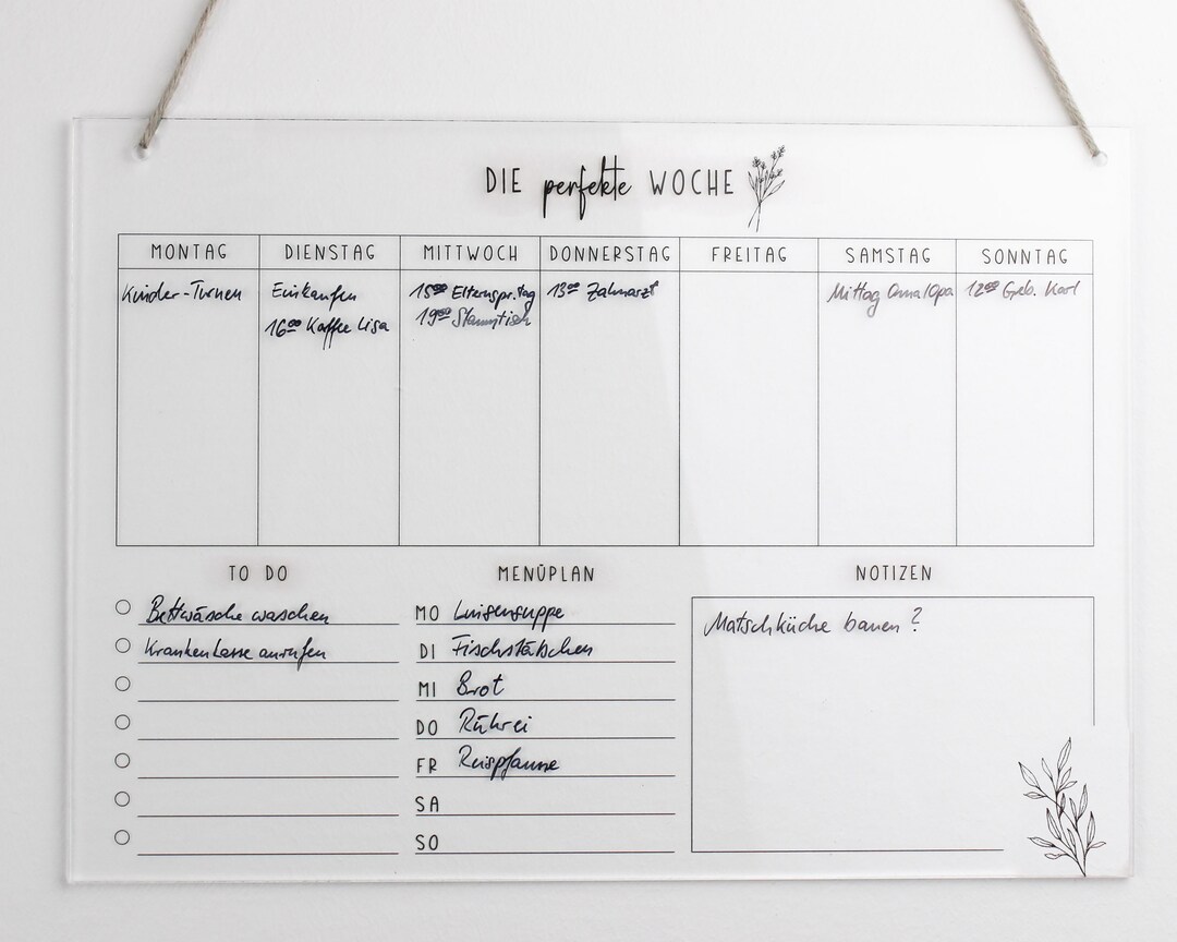 Wochenplaner A3 Acryl Wandplaner für die Woche abwischbar - Etsy.de