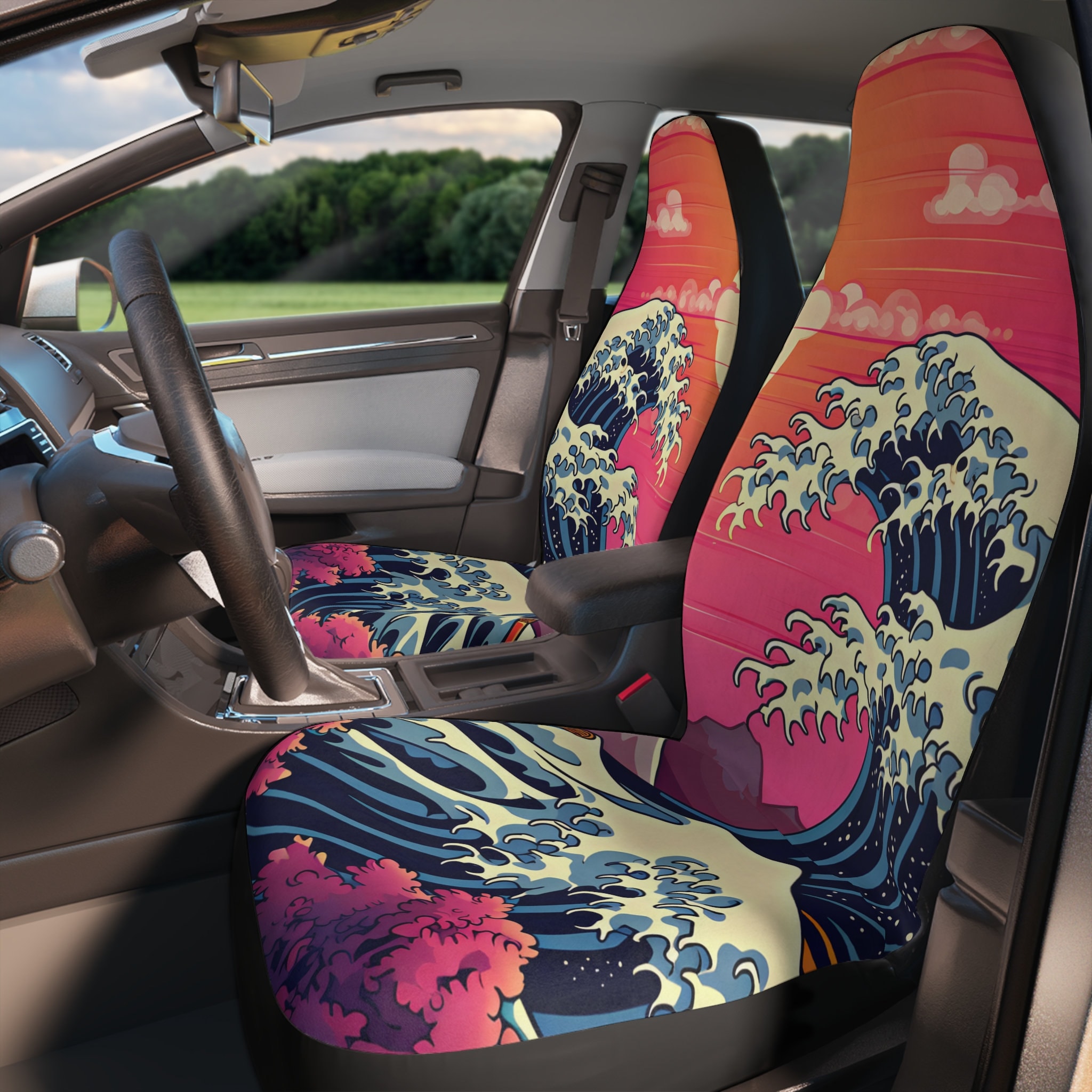 Japanese Great Wave Car Seat Covers, Pink Car Seat Covers, Japanese Car ...