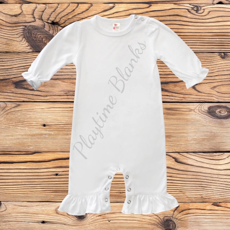 Sublimation Blanks- Infant- White Ruffle Long Sleeve Jumpsuit- 100% ...