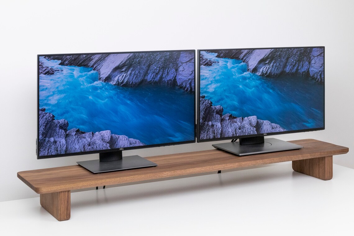 Solid Wood Dual Monitor Stand: Ergonomic Desk Shelf - Etsy
