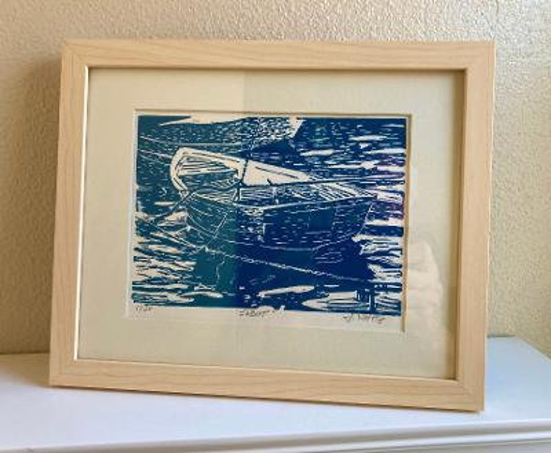 Linocut Print Etching Sabot Boat Long Beach Black and White Sailboat ...