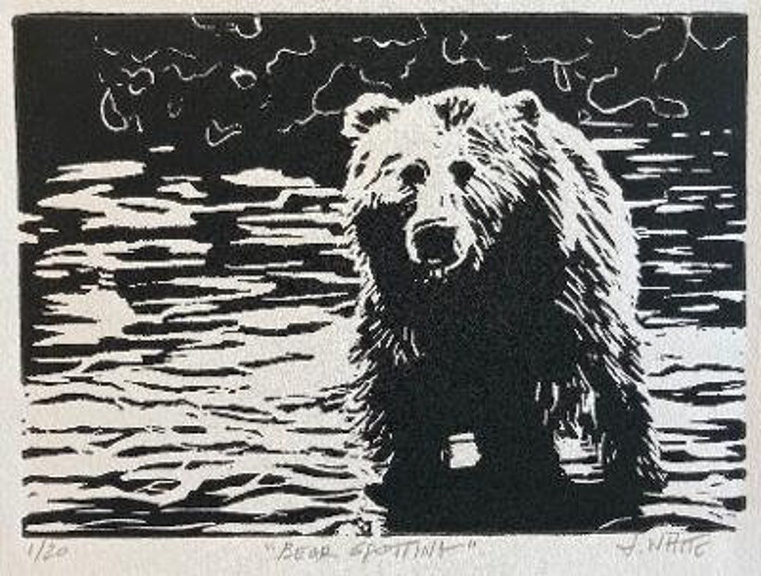 Linocut Print Etching Wildlife Bear Grizzly Bear Nature West Art ...