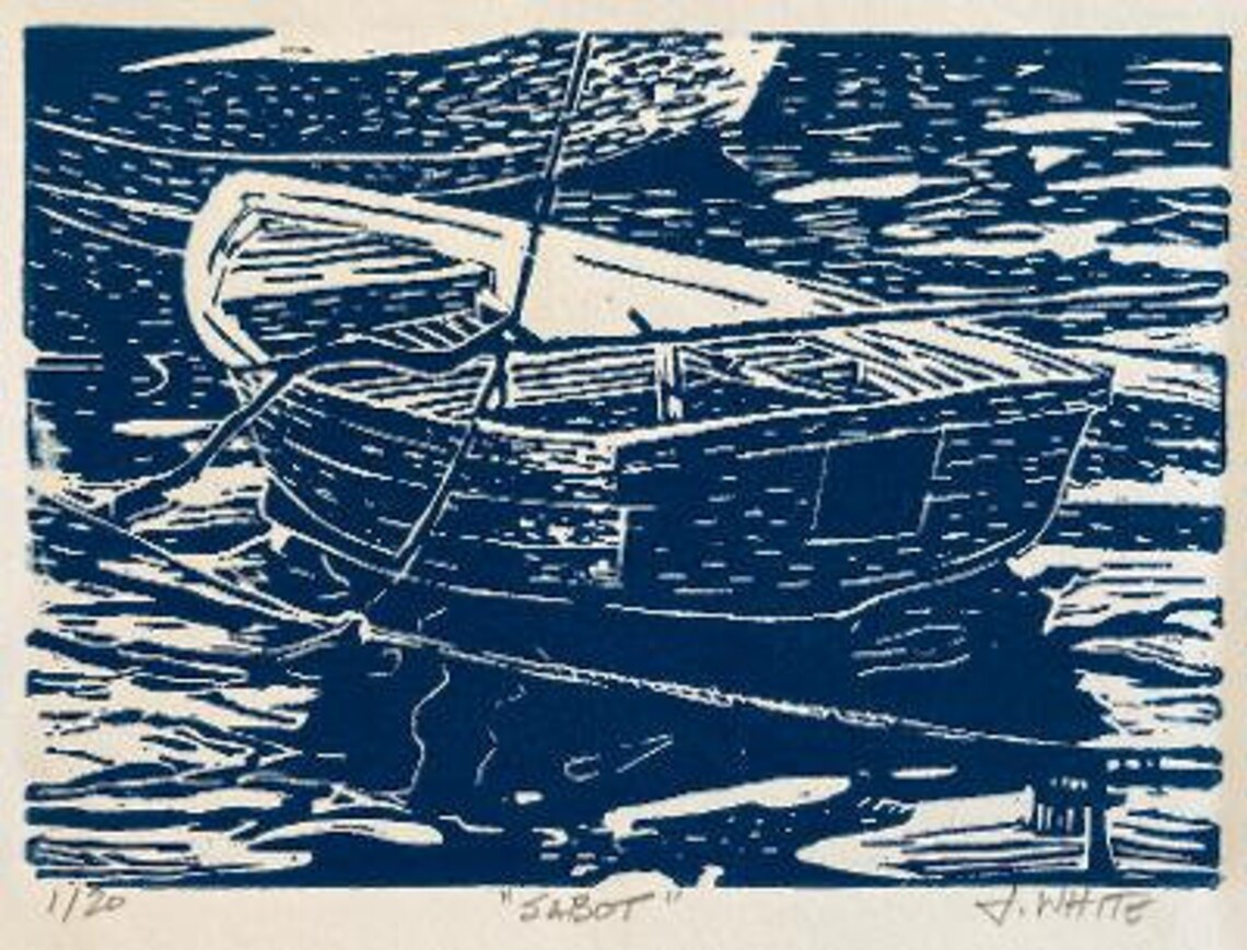 Linocut Print Etching Sabot Boat Long Beach Black - Etsy