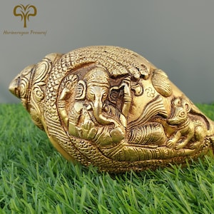 Brass Lord Ganesha Carving Conch Shell, 18CM Brass Conch Shankh ...