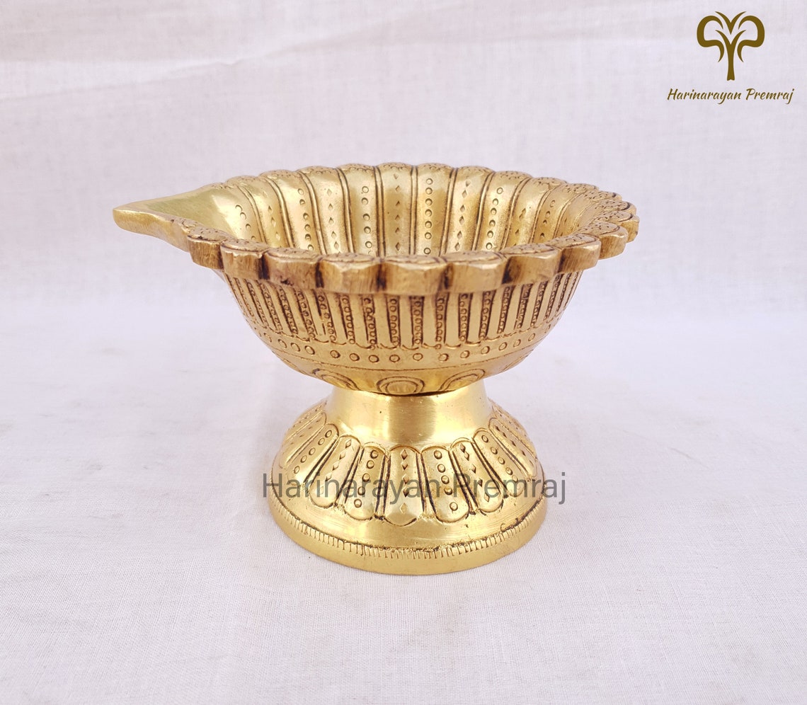 Brass Diya for Puja Temple Decoration, 13CM, Large Diya Stand Oil Lamp ...