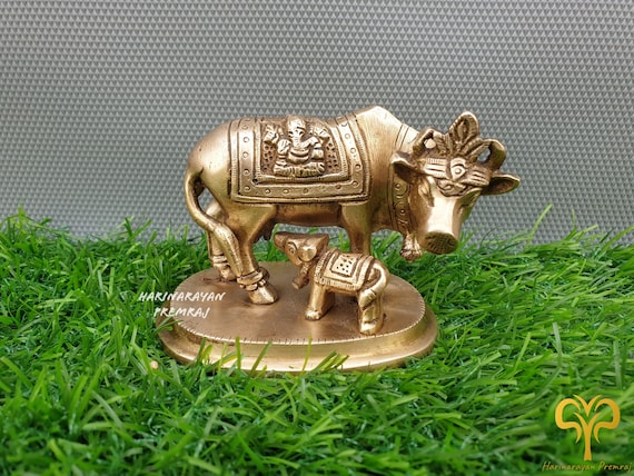 Brass Kamdhenu Cow Statue Cow With Calf Idol 3.4 Inch | Etsy