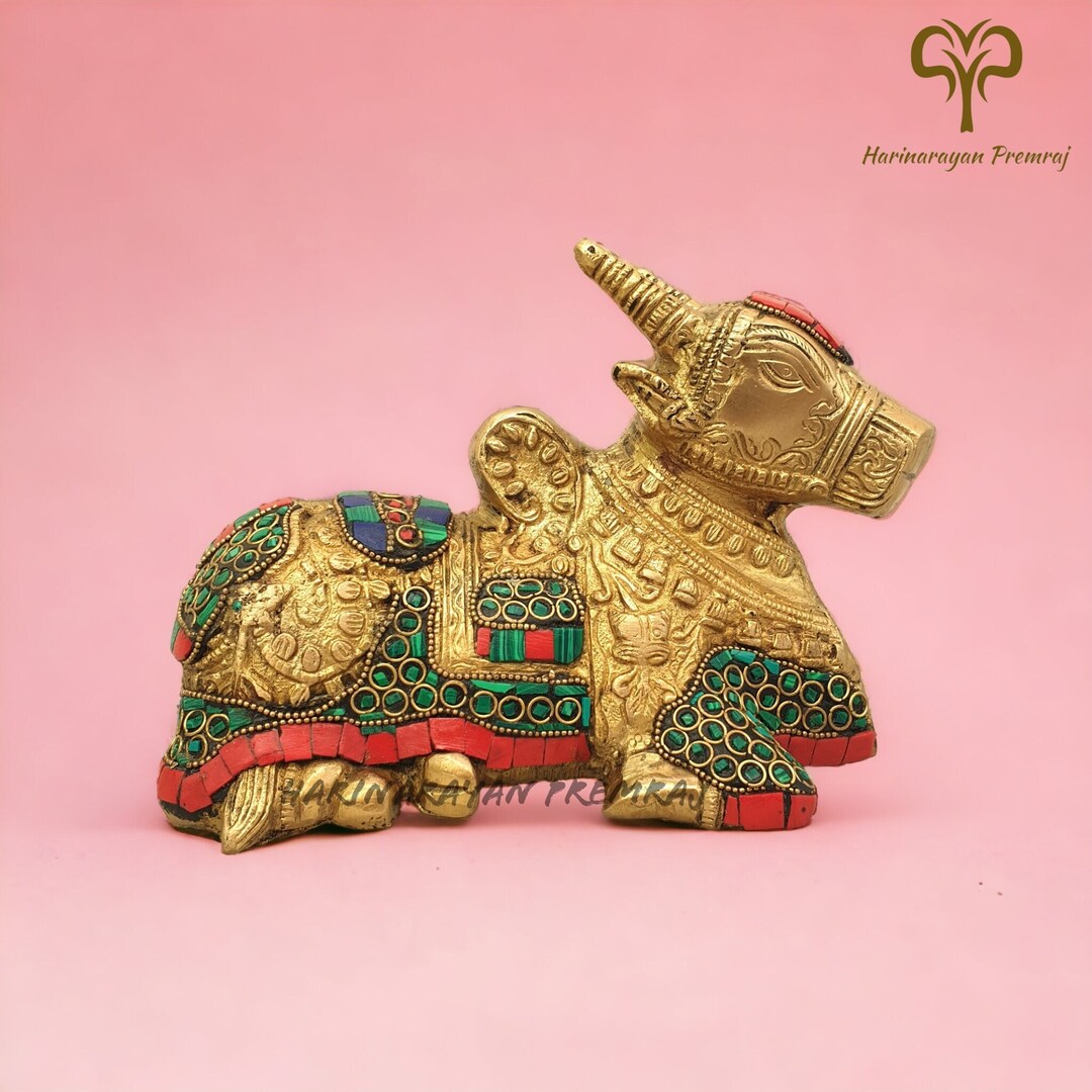 Brass Nandi With Stonework, 18CM Cow God Nandi Statue Sacred Bull ...