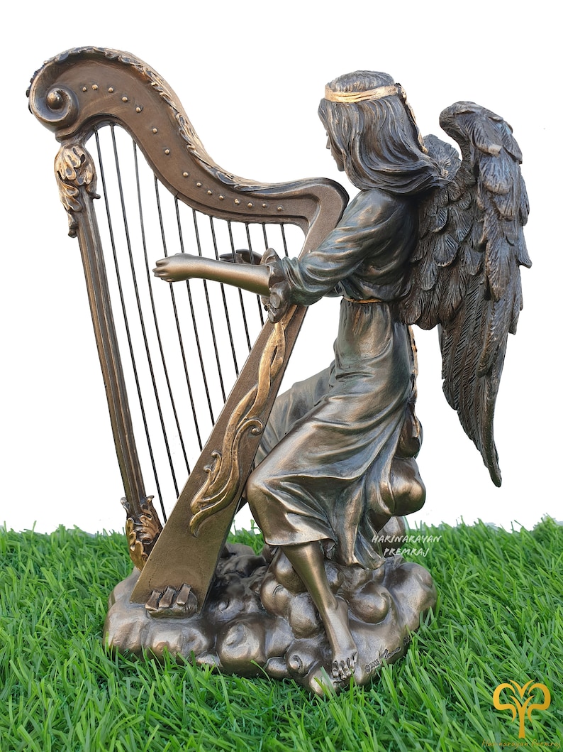 Angel Musucian Harp Statue, 20CM, Windblown Angel Playing Harp, Bonded ...