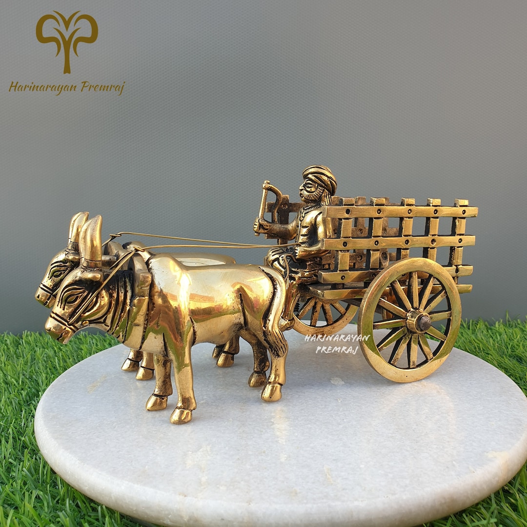 Brass Bull Cart Showpiece, 23CM Vintage Indian Village Bullock Cart ...