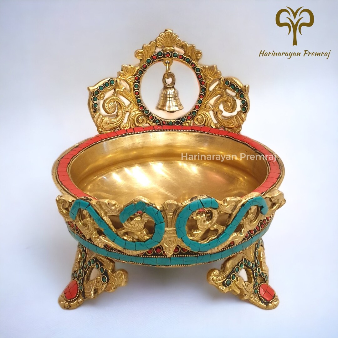 Traditional Brass Bell Urli Bowl 23CM, Brass Urli Vessel With Stonework ...