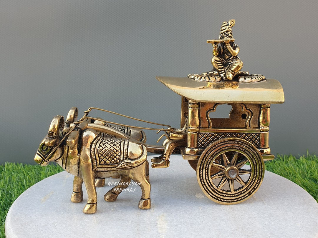 Brass Bull Cart With Krishna Statue, 19CM Lord Krisna Sitting in ...