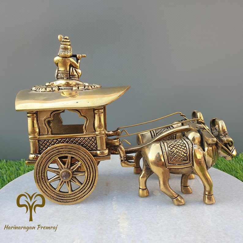 Brass Bull Cart With Krishna Statue, 19CM Lord Krisna Sitting in ...