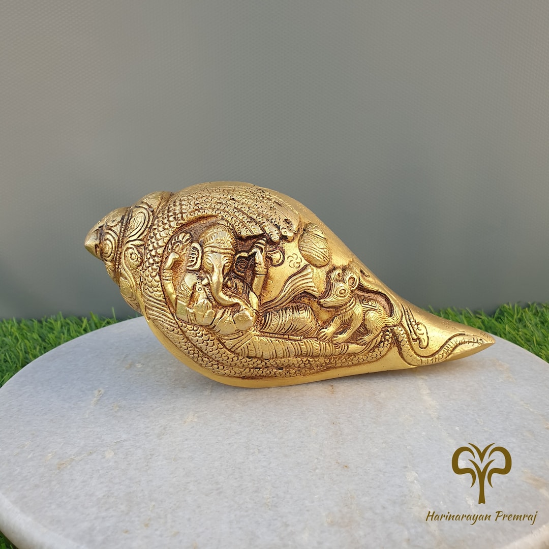 Brass Lord Ganesha Carving Conch Shell, 18CM Brass Conch Shankh ...