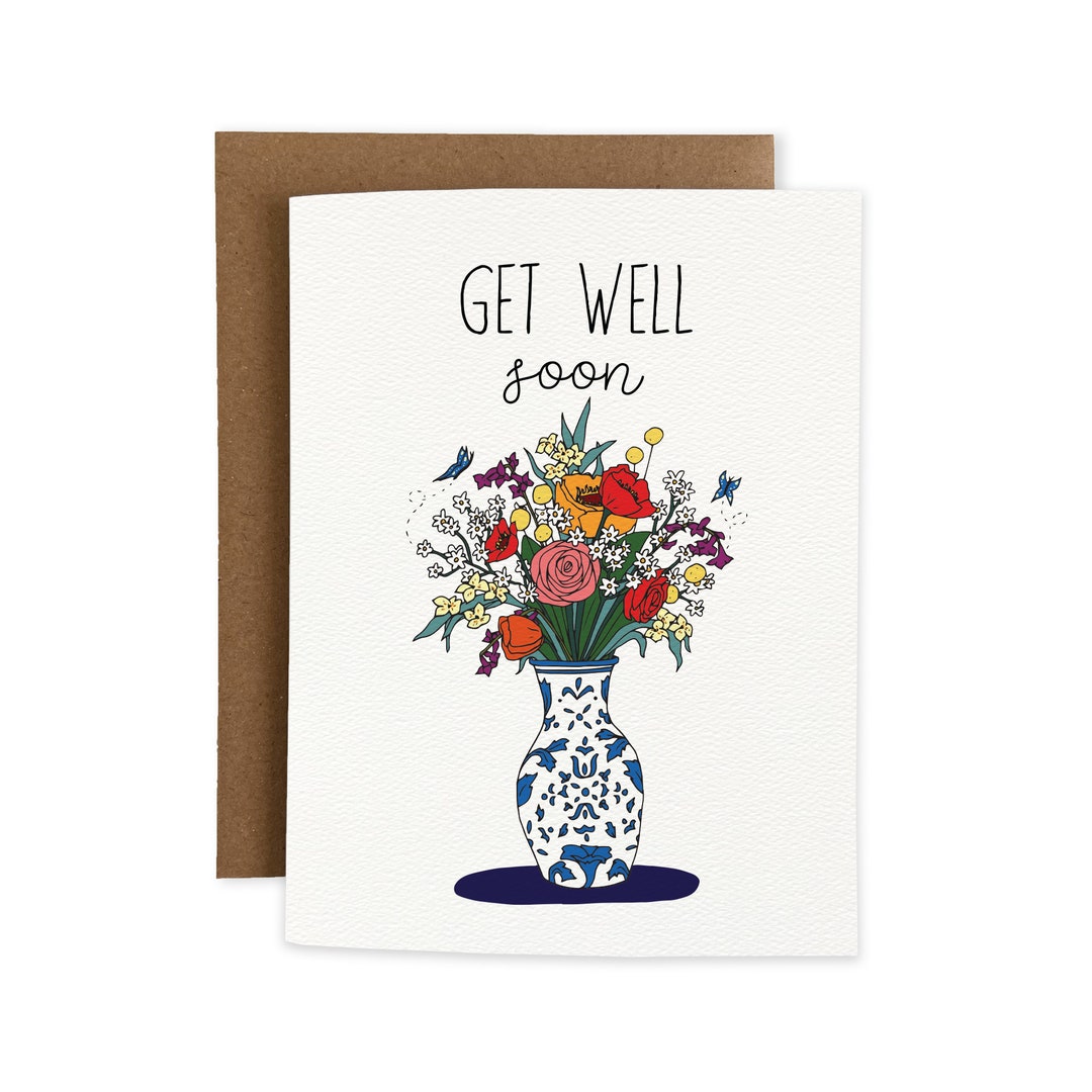 Get Well Soon Illustrated Flower Bouquet Cute Greeting Card - Etsy