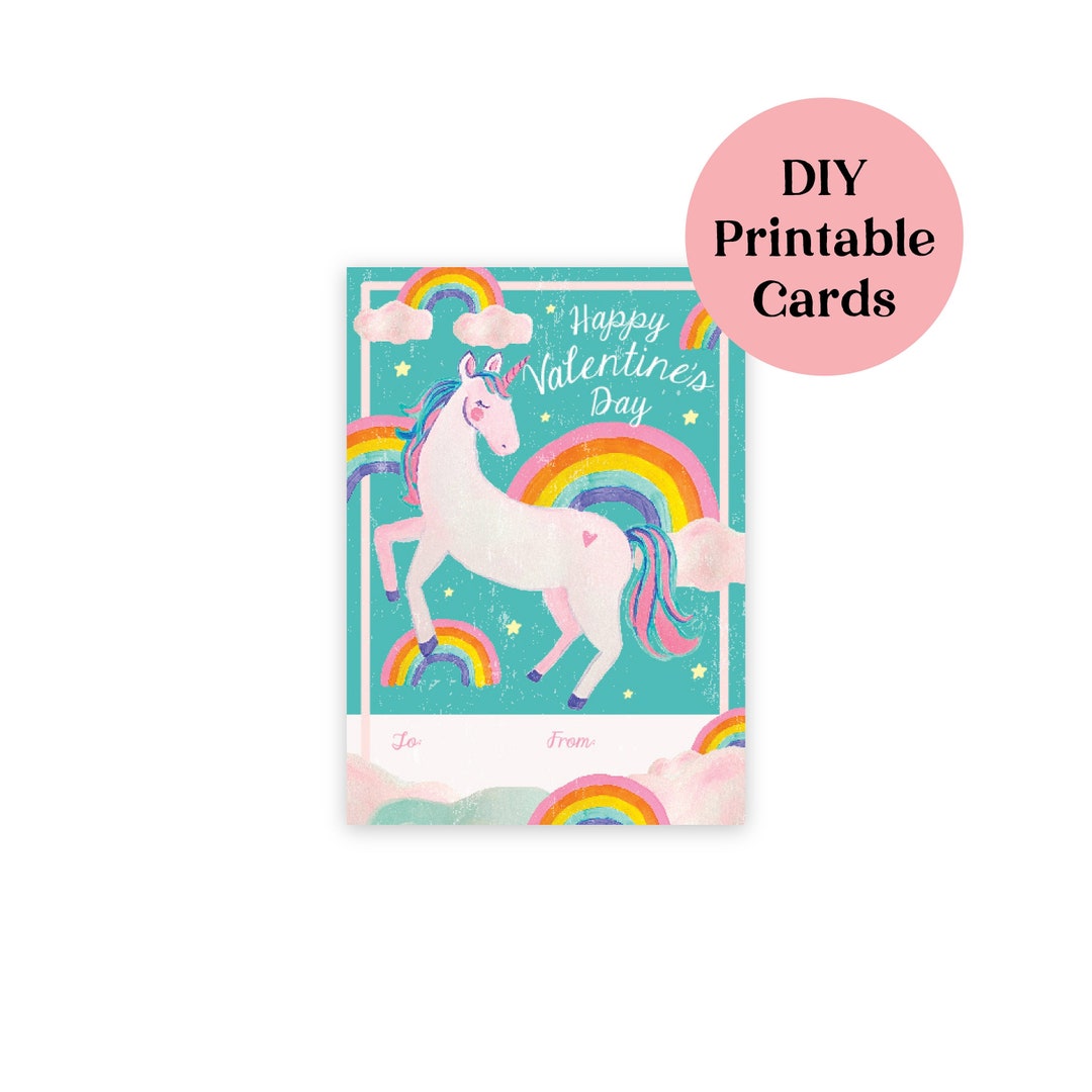 Magical Unicorn Kids Valentine's Printable DIY Cards, Girls Rainbow ...