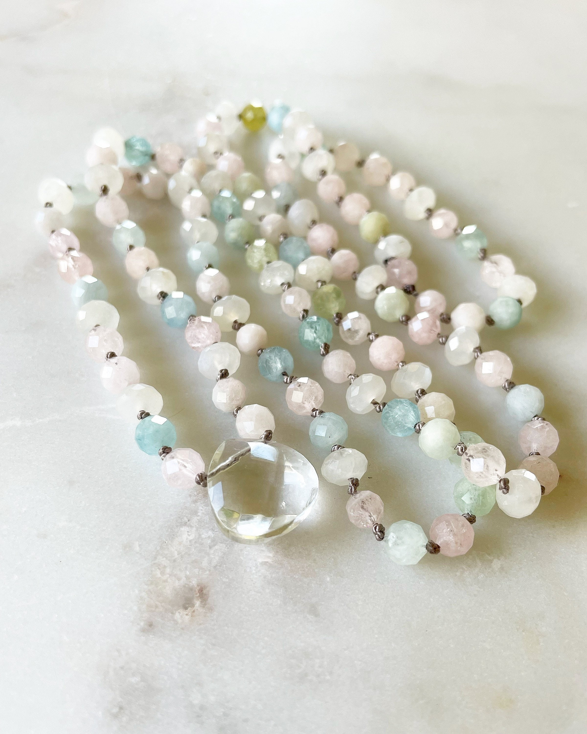 Morganite Mala & Rainbow Moonstone Faceted Quartz Teardrop Pendant ...
