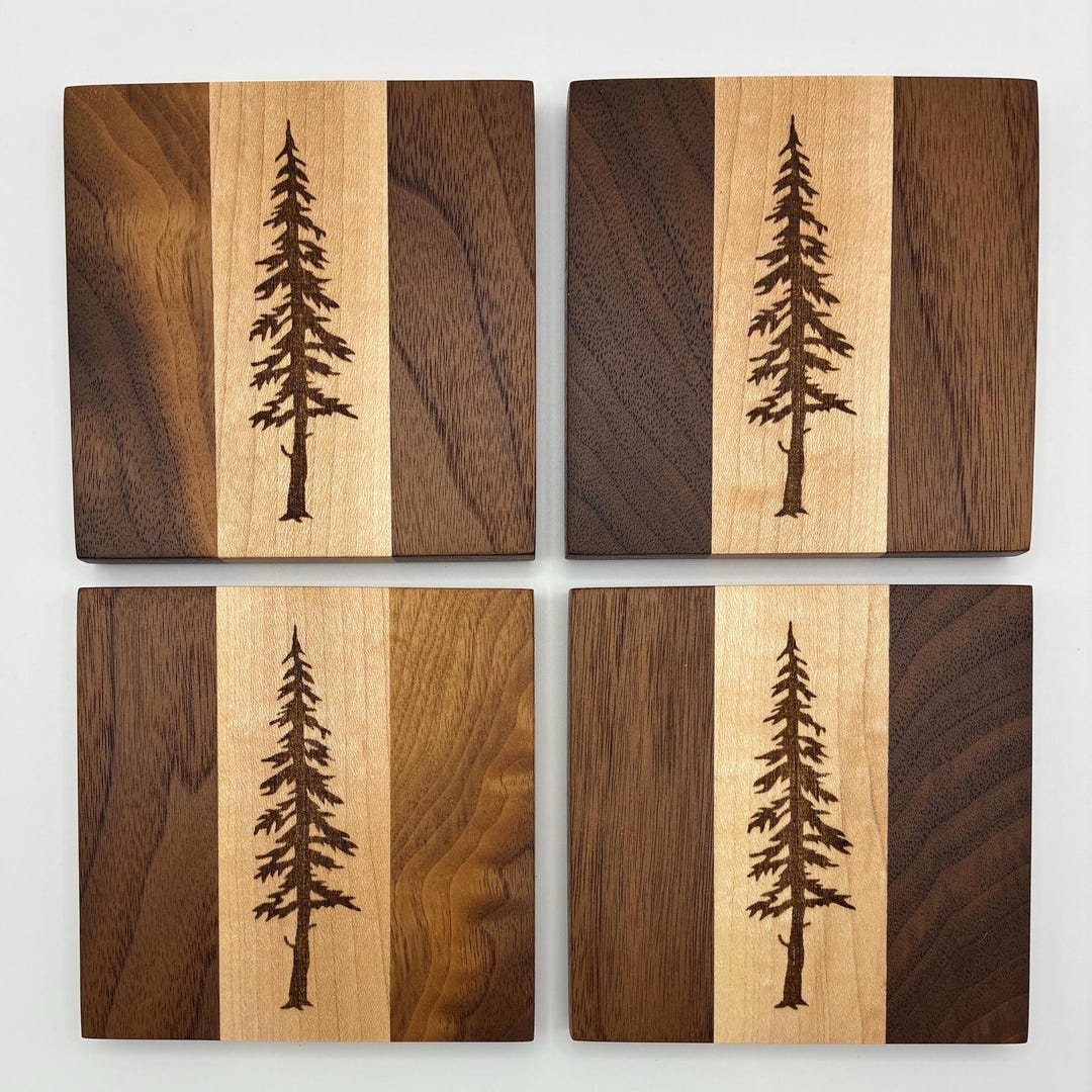 Handmade Wood Coaster Set – Walnut & Maple With Laser Engraved Pine ...