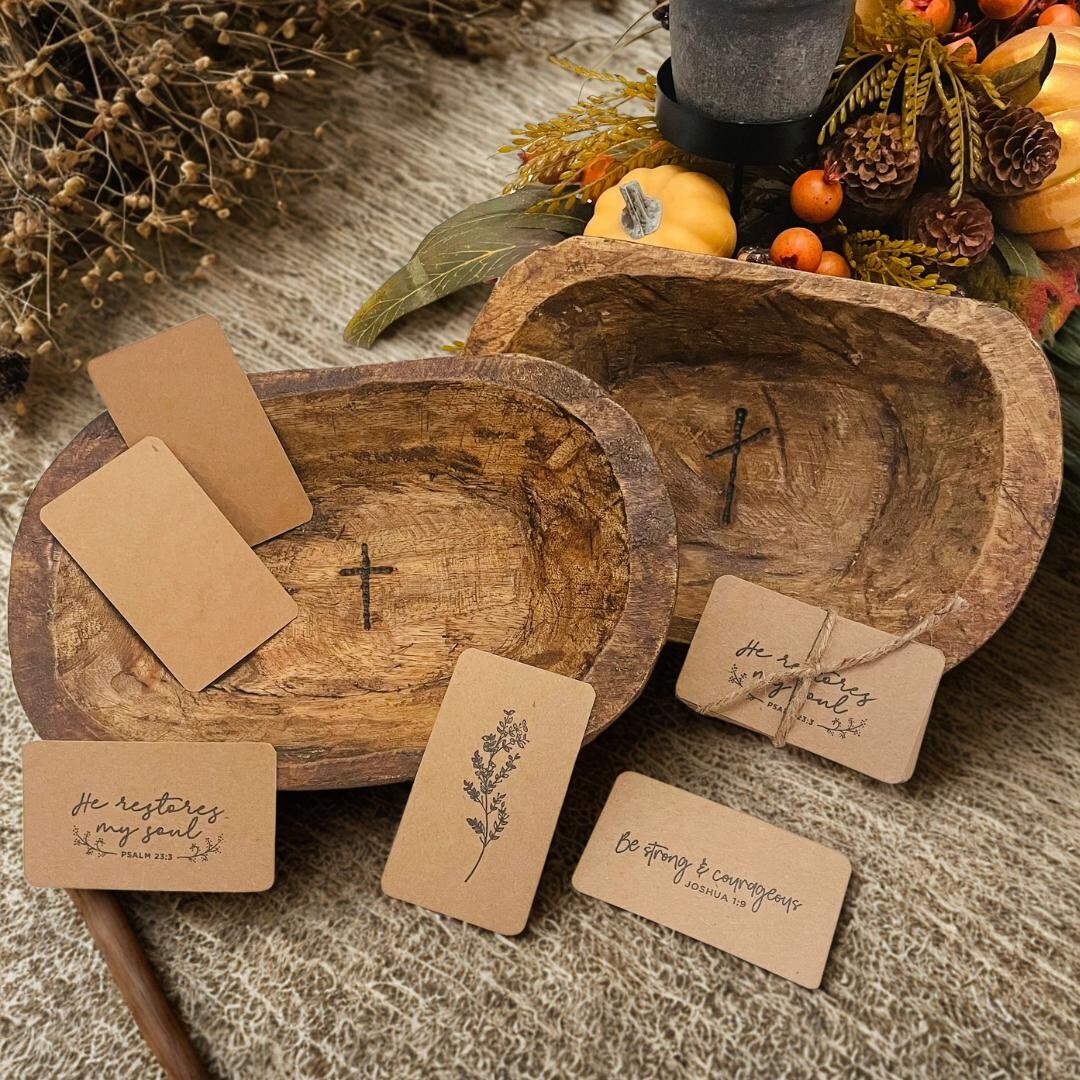 Hand Carved Wood Prayer Bowl With Cross and Scripture Cards - Etsy