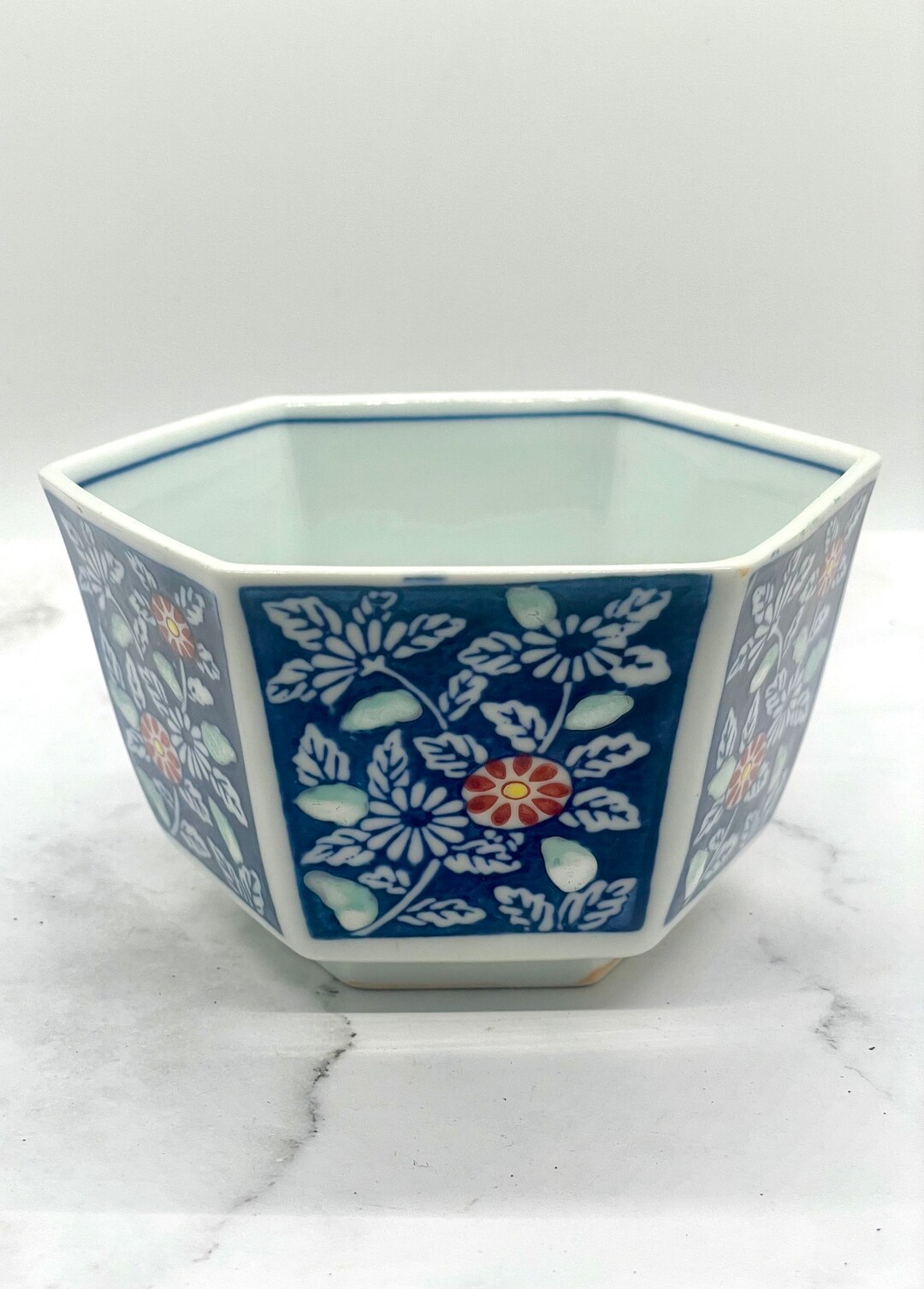 Japanese Hexagon Bowl, Blue and White Colorful Floral Glaze - Etsy