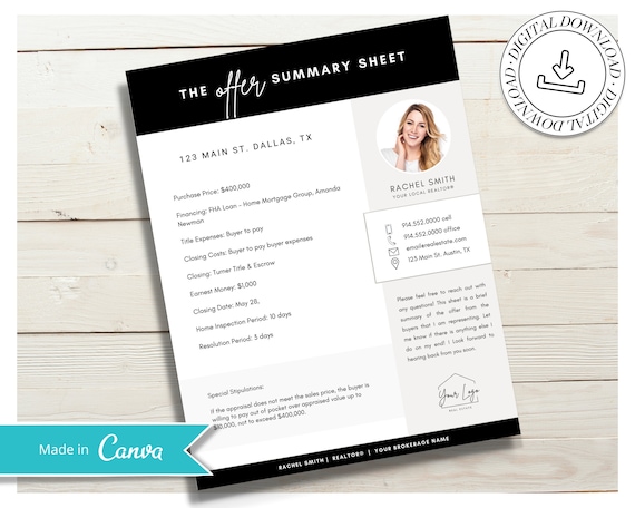 Offer Summary Cover Sheet Real Estate Marketing Multiple - Etsy