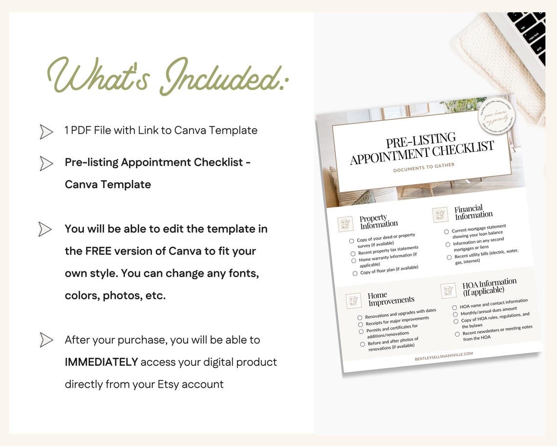 Pre-listing Appointment Checklist | Listing Presentation Prep | Canva ...
