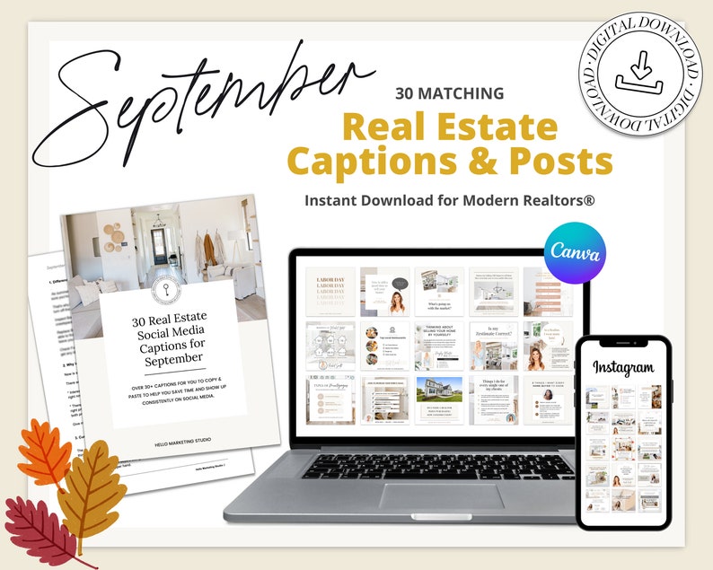 September Real Estate Captions & 30 Matching Real Estate Canva - Etsy