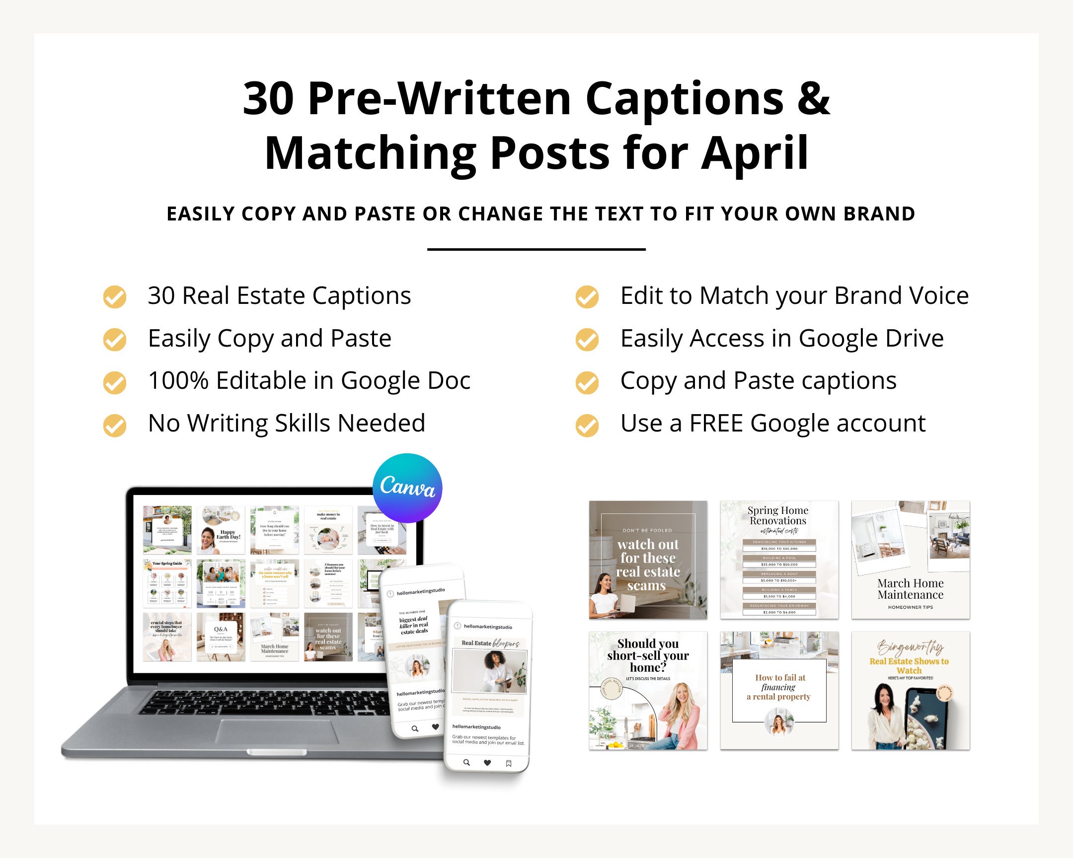 April Real Estate Captions & 30 Matching Real Estate Canva Posts | Real ...