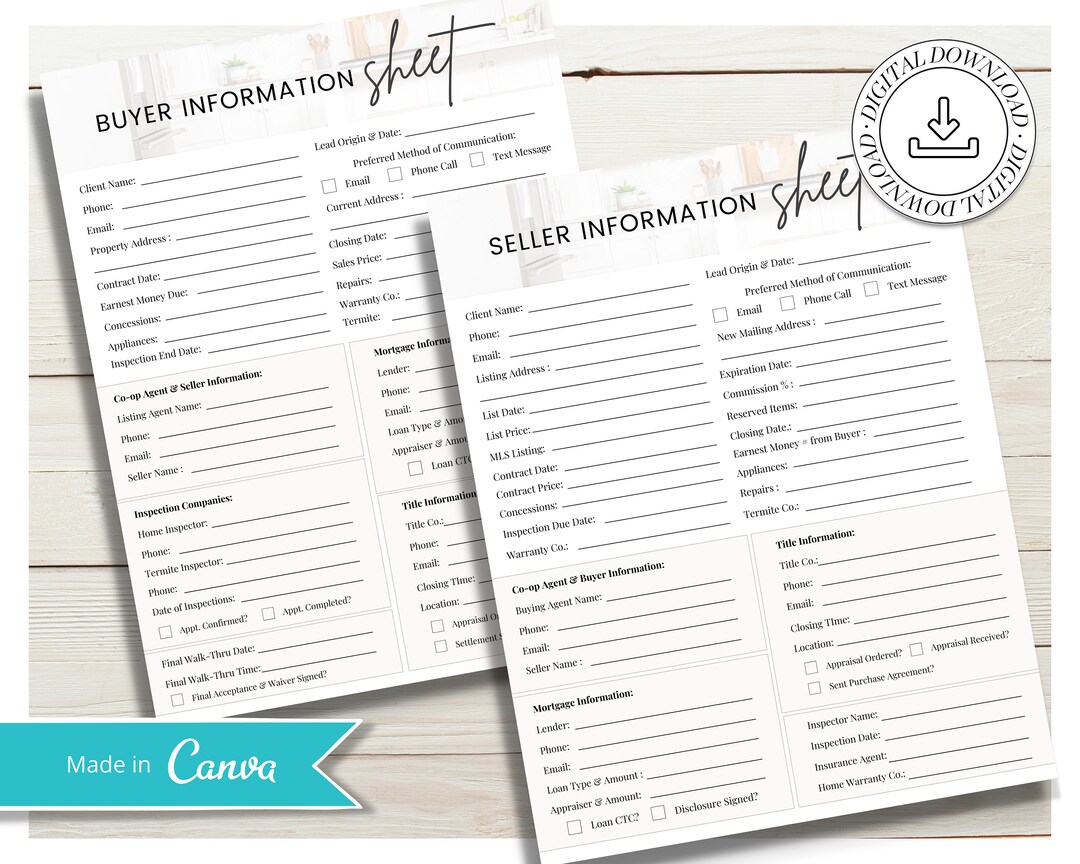 Buyer & Seller Information Sheet | Client Info | Client In-take Sheet ...